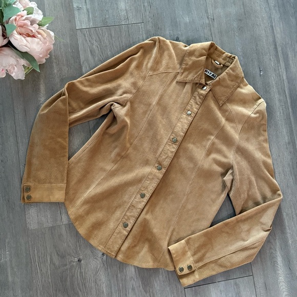 Vintage Tan Leather Perforated Snap Button Jacket